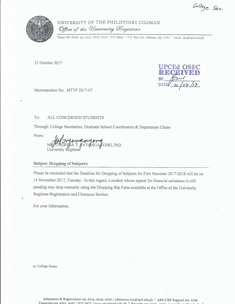 Dropping of Subjects for First Semester 2017-2018 – College of Education