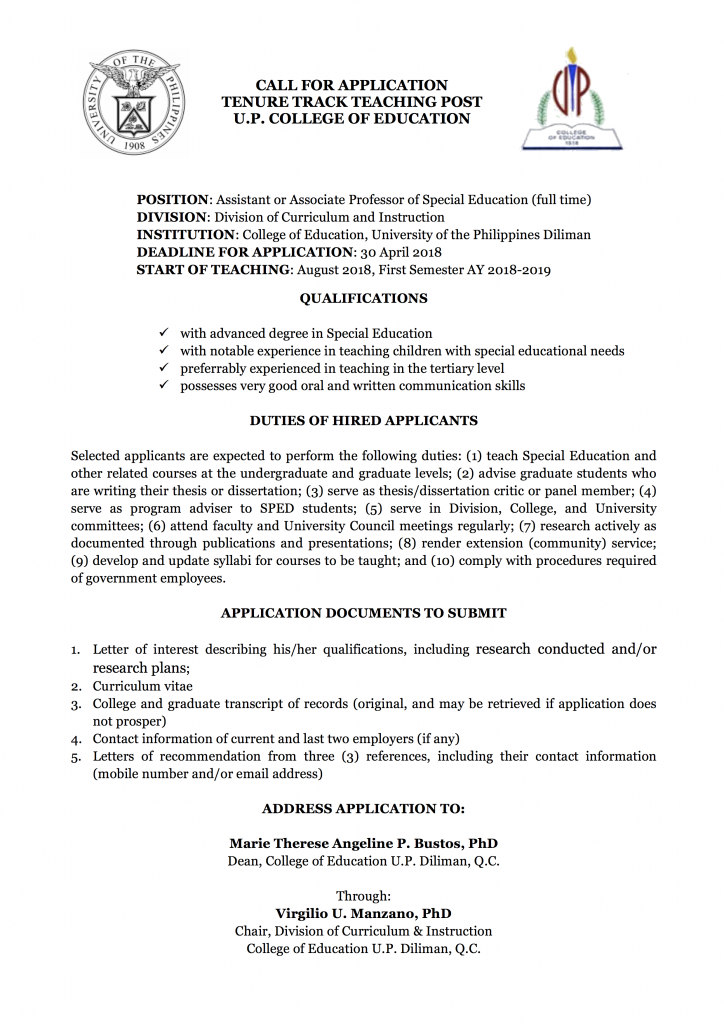 Call For Application (Special Education) – College of Education