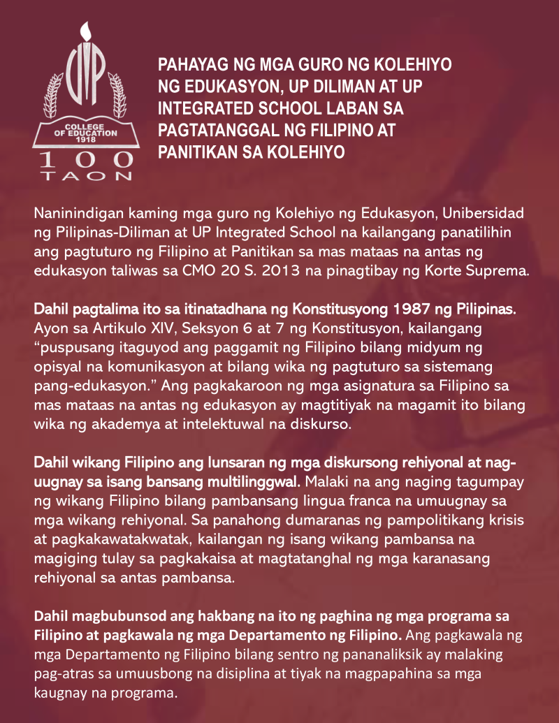Pahayag ng mga Guro ng Kolehiyo ng Edukasyon, UP Diliman at UP ...