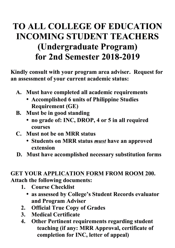 Student Teaching Application for 2nd Semester 2018-2019 – College of ...
