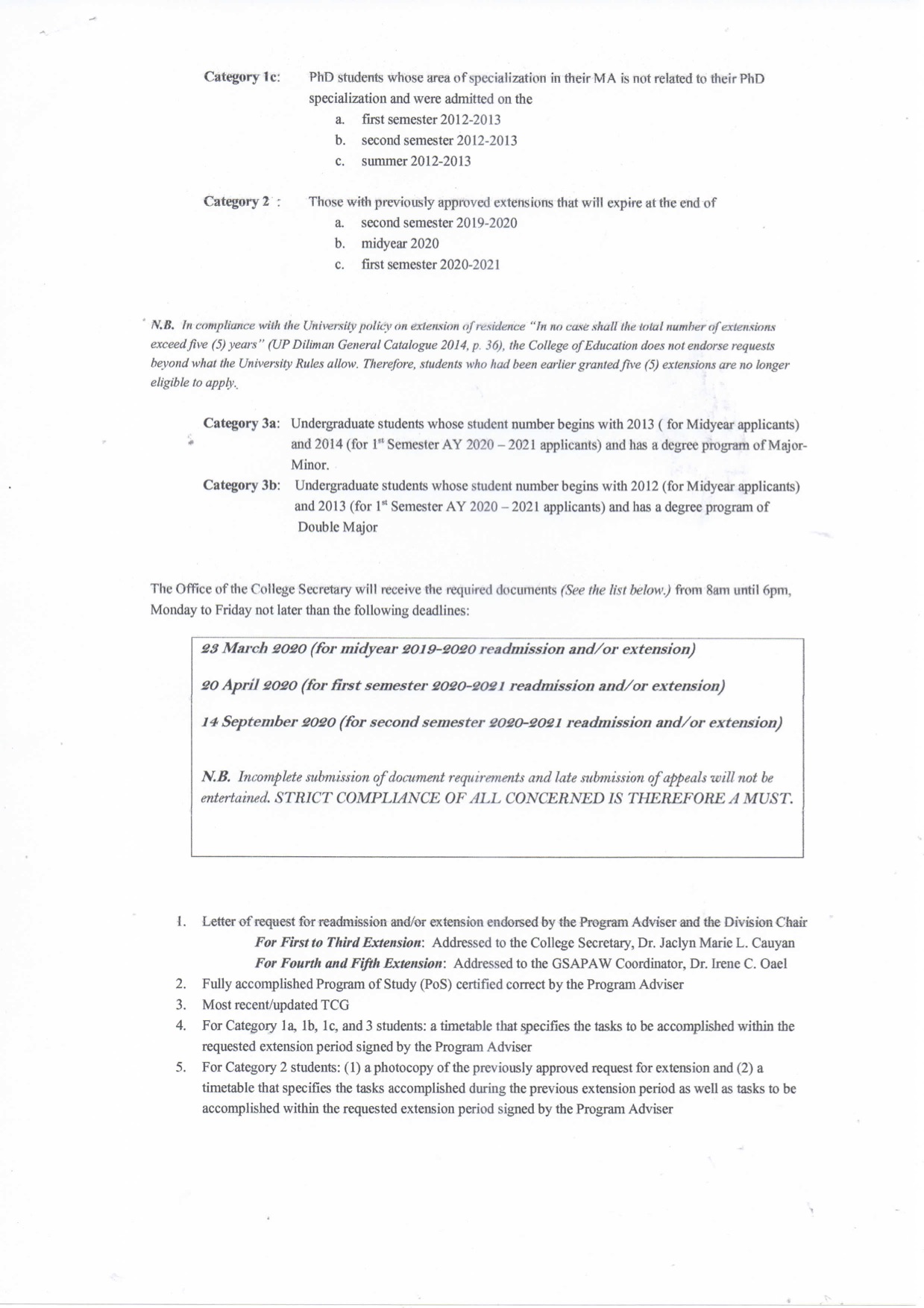 Filing of Application for Readmission and/or Extension of Residence ...
