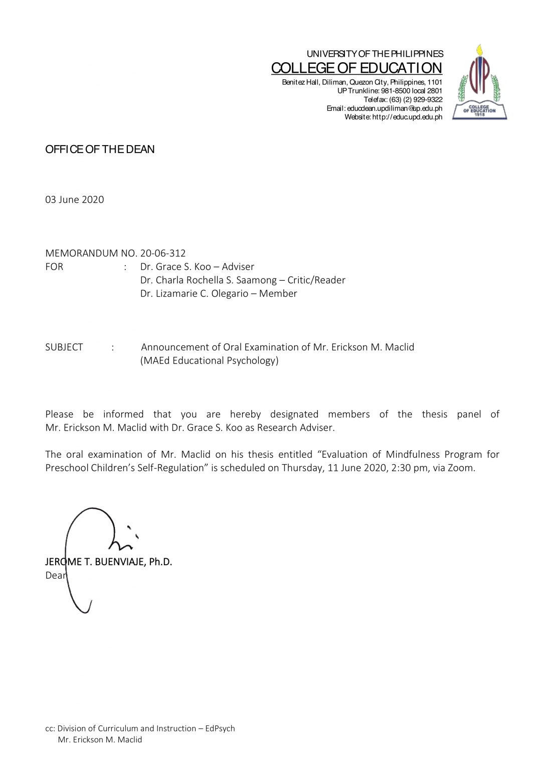 Announcement of Oral Examination of Mr. Erickson M. Maclid (MAEd ...