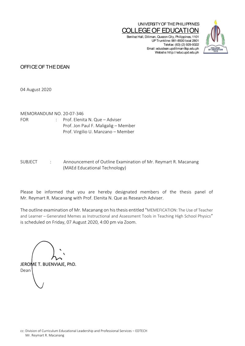 Announcement Of Outline Examination Of Mr Reymart R Macanang Maed Educational Technology