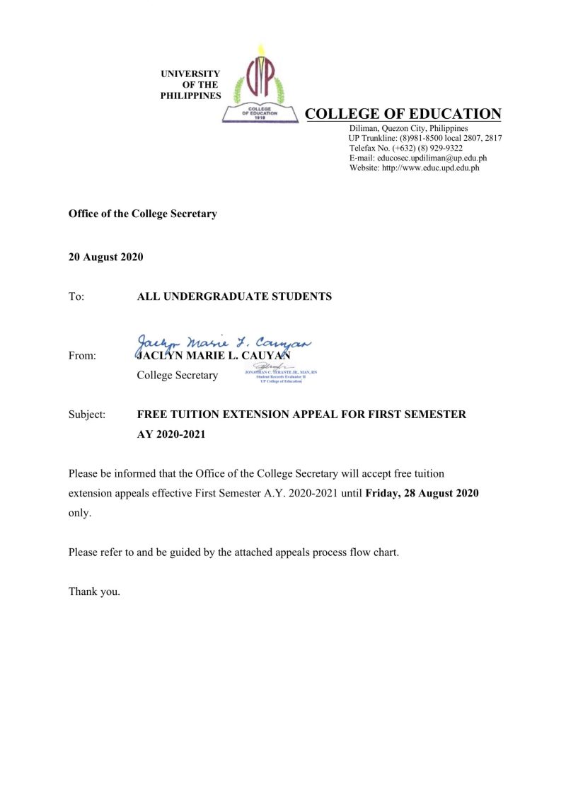 Free Tuition Extension Appeal for Undergraduates for First Semester AY ...