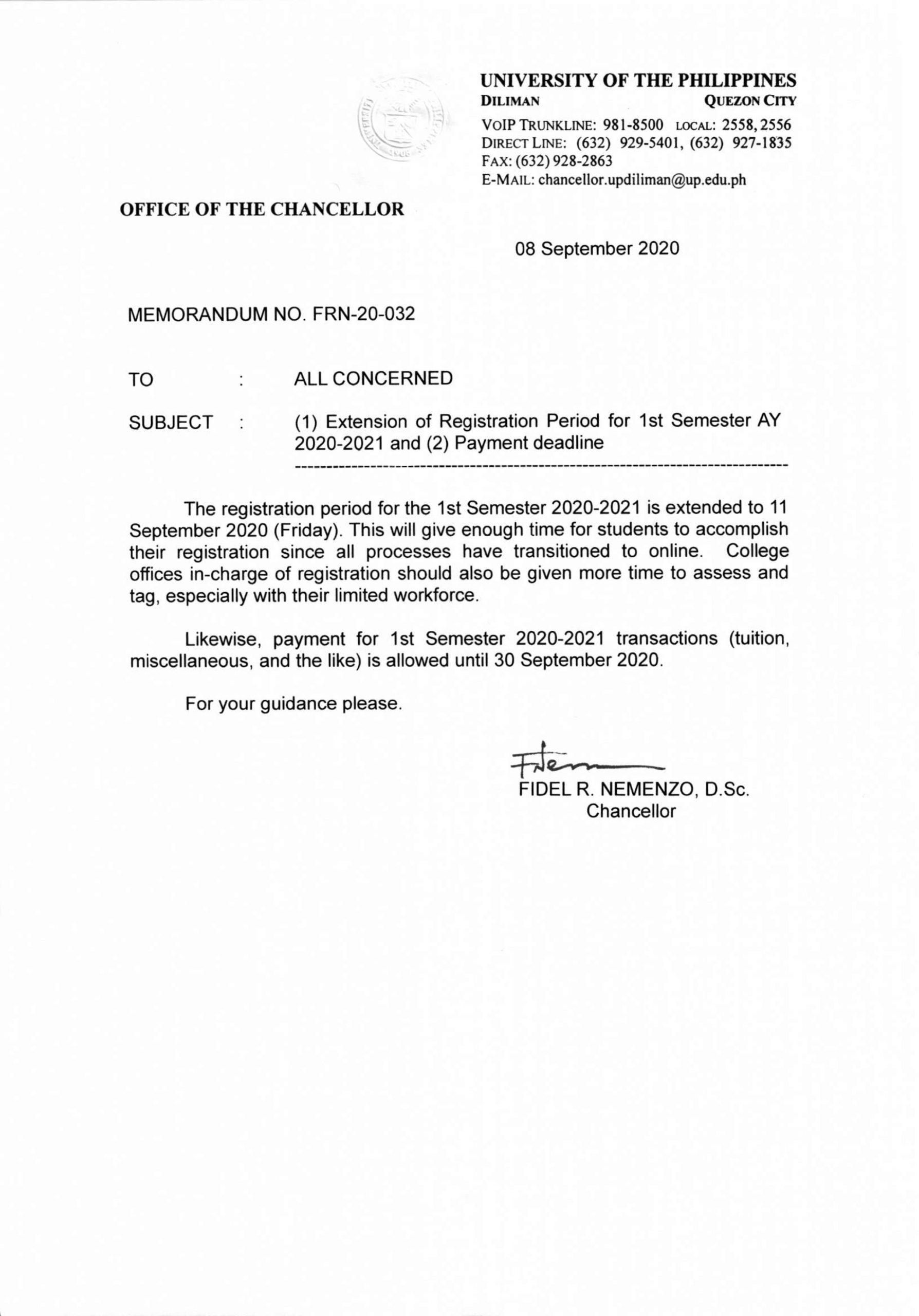 Memo on: (1) Extension of Registration Period for 1st Semester AY 2020 ...