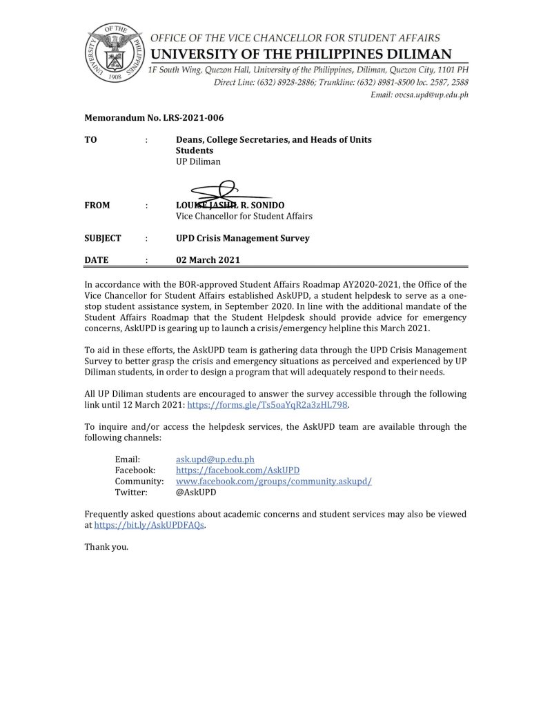 UPD Crisis Management Survey – College of Education