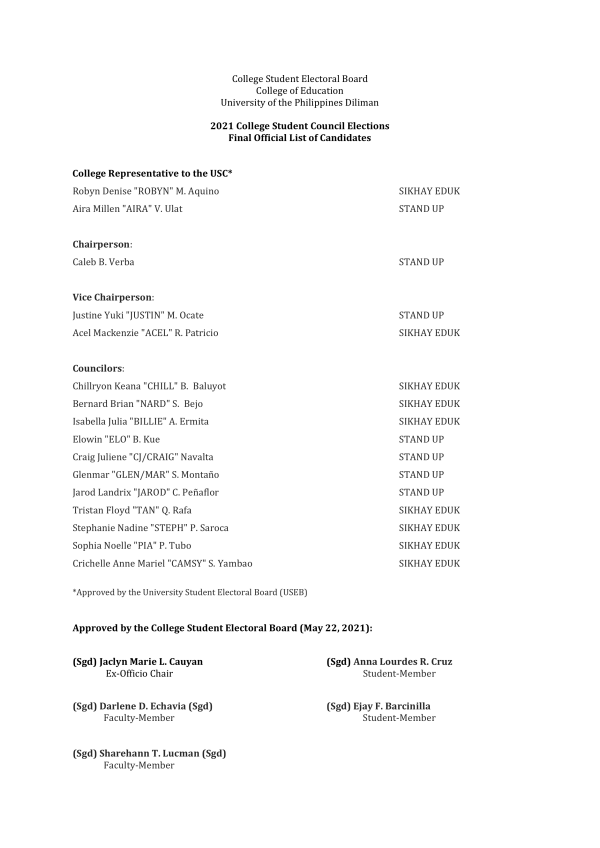 Final Official List of Candidates for the 2021 College Student Council ...