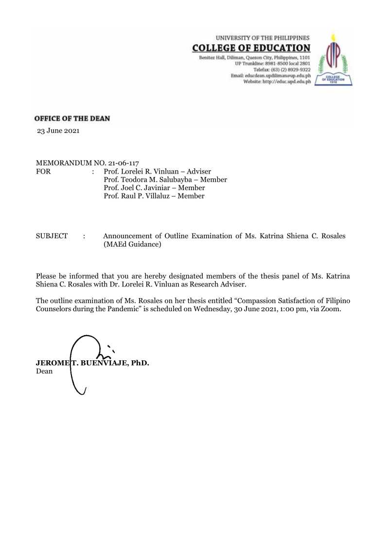 Announcement of Outline Examination of Ms. Katrina Shiena C. Rosales ...