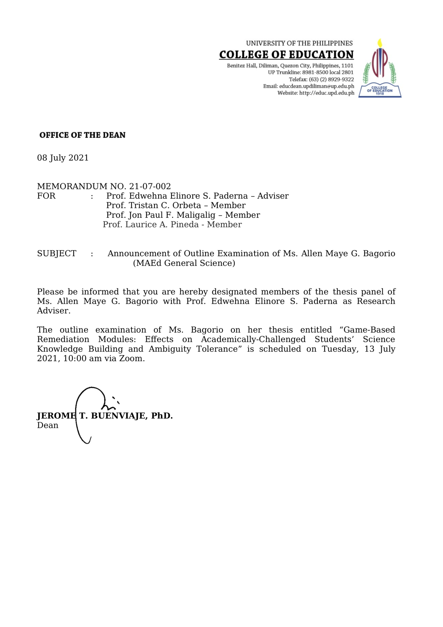 Announcement of Outline Examination of Ms. Allen Maye G. Bagorio (MAEd ...