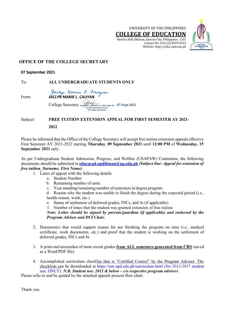 First Semester AY 2021-2022 Extension of Free Tuition Appeals – College ...