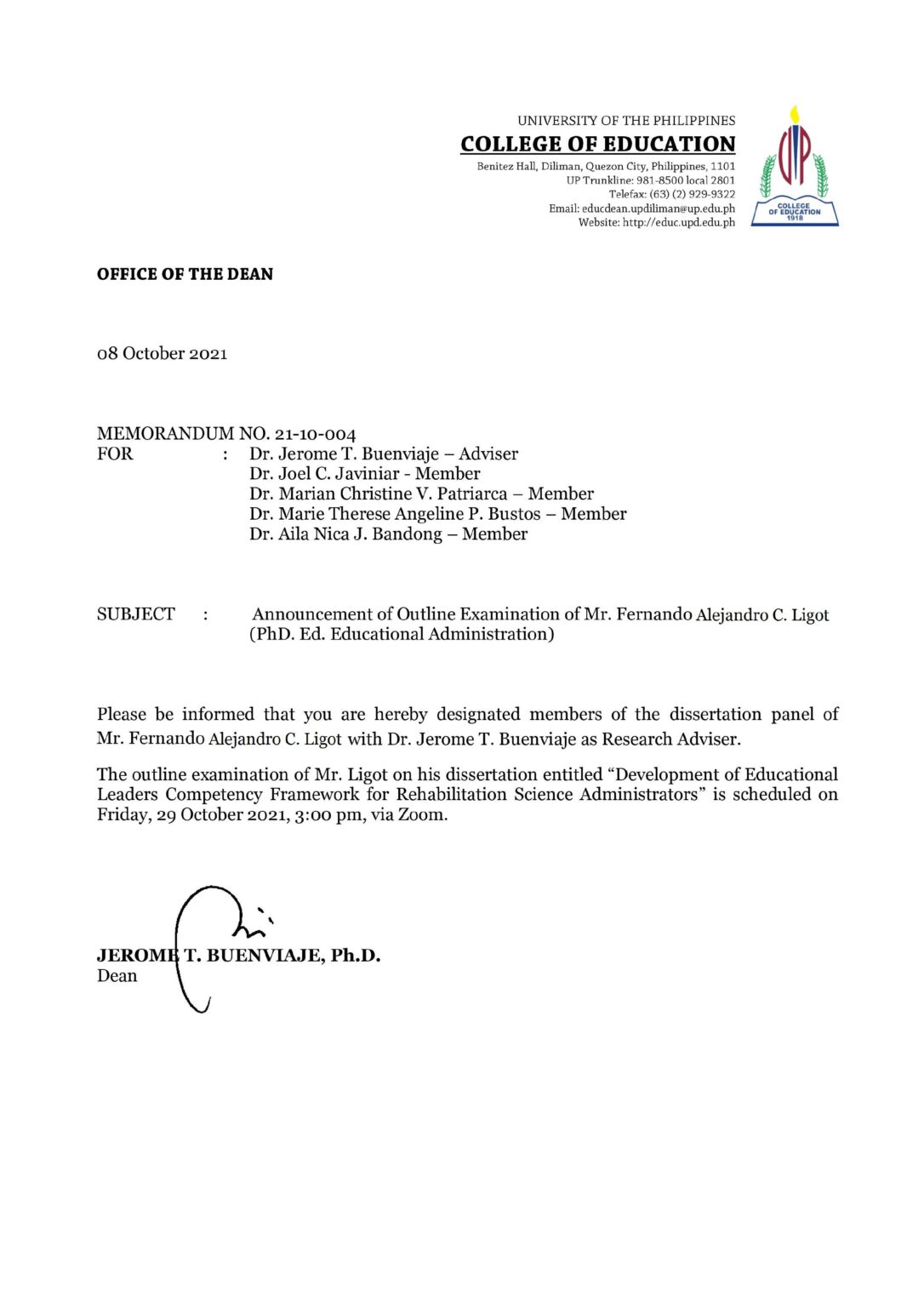 Announcement of Outline Examination of Mr. Fernando Alejandro C. Ligot ...