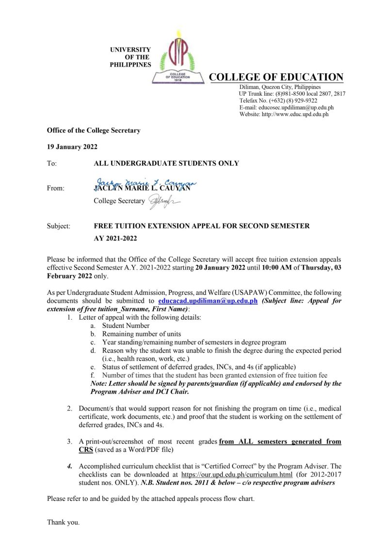 Free Tuition Appeal for Second Semester AY 2021-2022 – College of Education