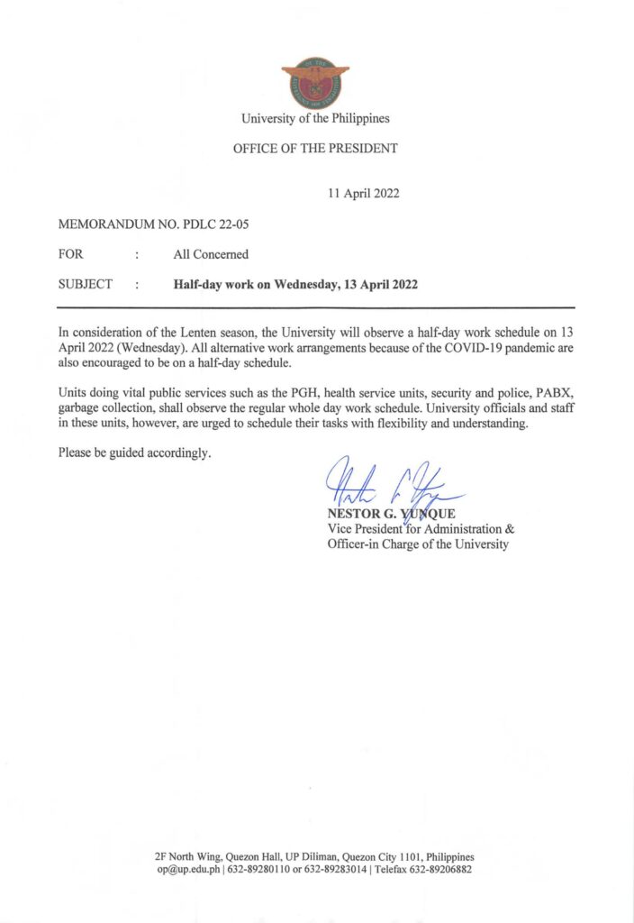 Memorandum No PDLC 22 05 Half day Work On Wednesday April 13 2022 Memorandum No PDLC 22 05 Half day Work On Wednesday April 13 2022