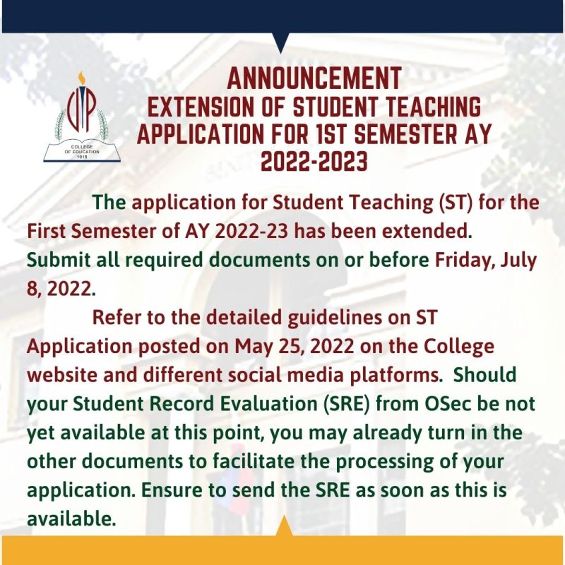 Announcement Extension of Student Teaching Application for 1st Semester ...