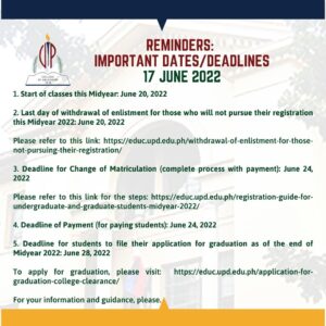 Reminders: Important Dates/Deadlines | 17 June 2022 – College of Education