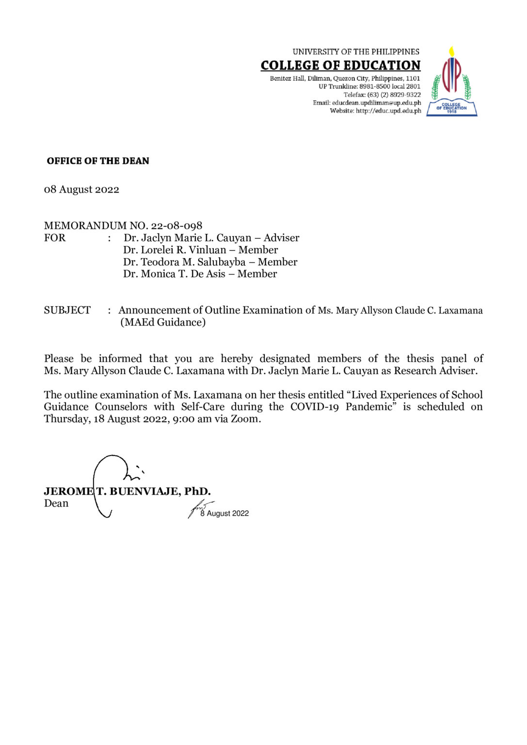 Announcement of Outline Examination of Ms. Mary Allyson Claude C ...