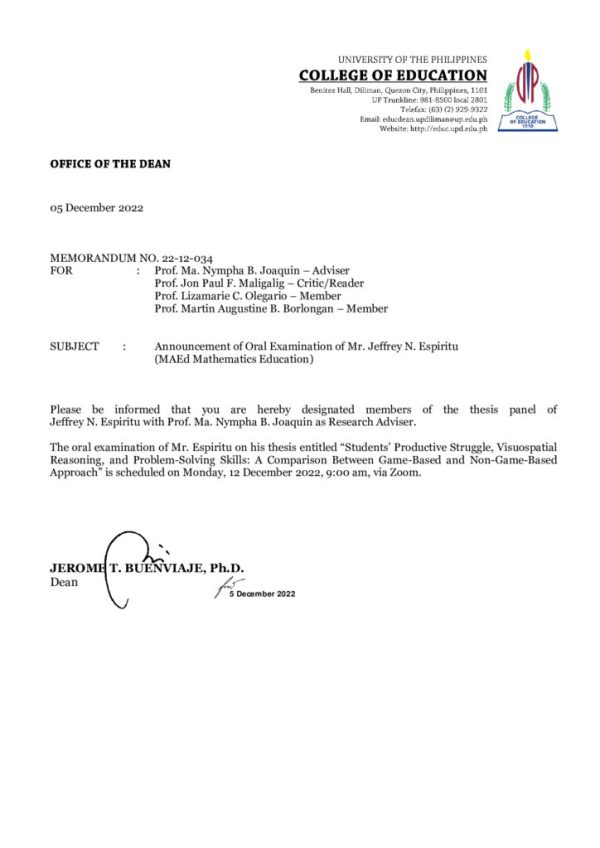 Announcement of Oral Examination of Mr. Jeffrey N. Espiritu (MAEd ...