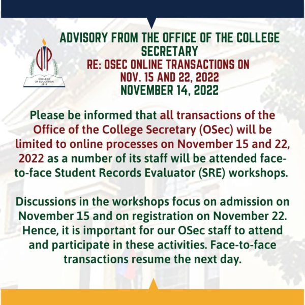 Advisory from the Office of the College Secretary (OSec) | November 14 ...