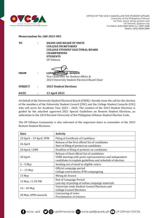 Memorandum No. LRS-2023-003: 2023 Student Elections – College of Education