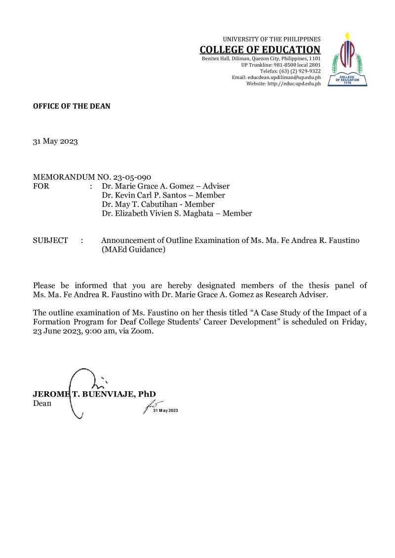 Announcement of Outline Examination of Ms. Ma. Fe Andrea R. Faustino ...