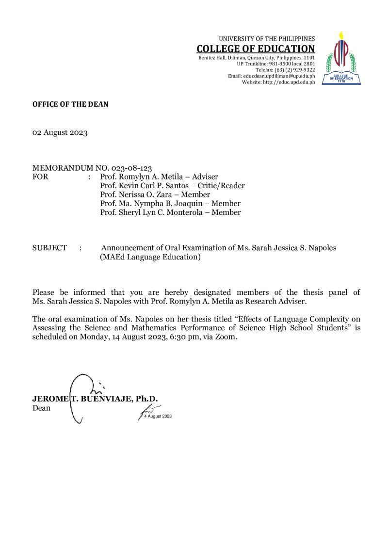 Announcement of Oral Examination of Ms. Sarah Jessica S. Napoles (MAEd ...