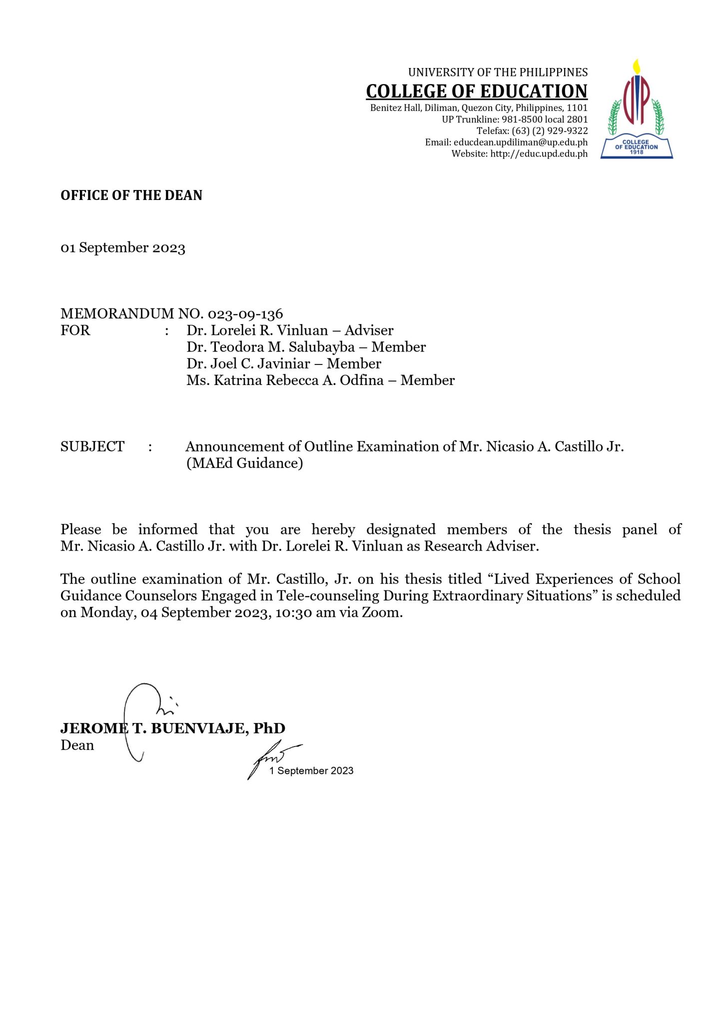 Announcement of Outline Examination of Mr. Nicasio A. Castillo Jr ...