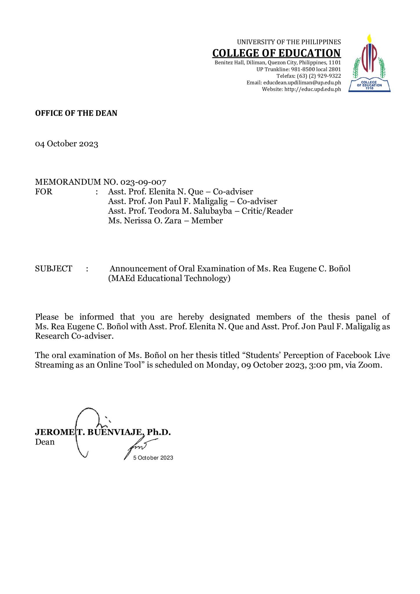 Announcement of Oral Examination of Ms. Rea Eugene C. Boñol (MAEd ...