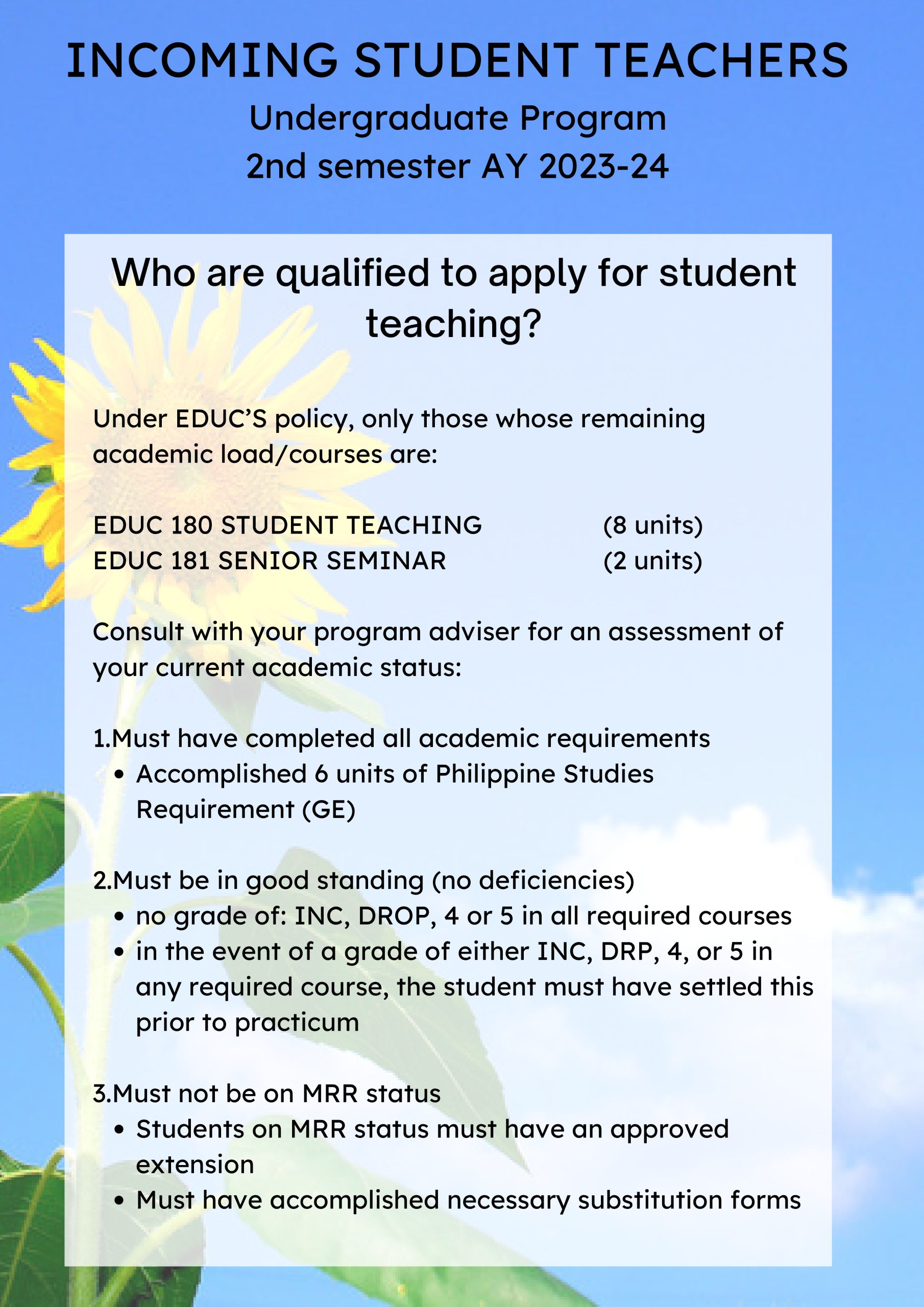 Application for Student Teaching for Second Semester of AY 2023-2024 ...