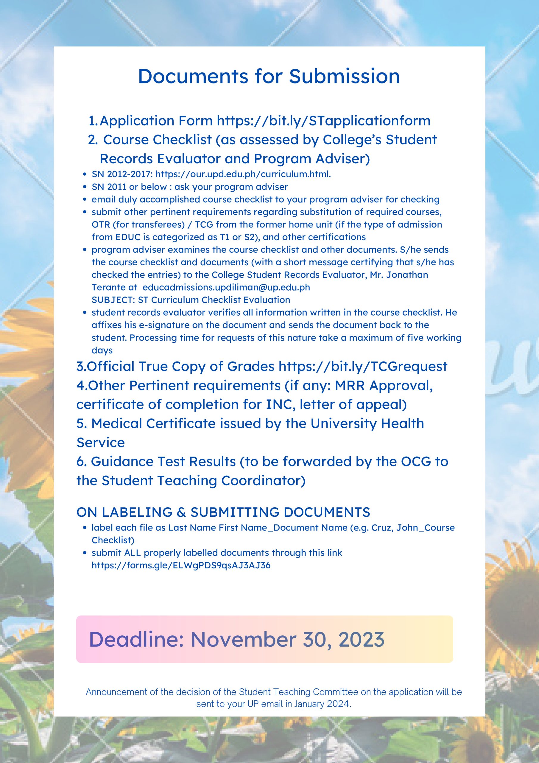 Application for Student Teaching for Second Semester of AY 2023-2024 ...