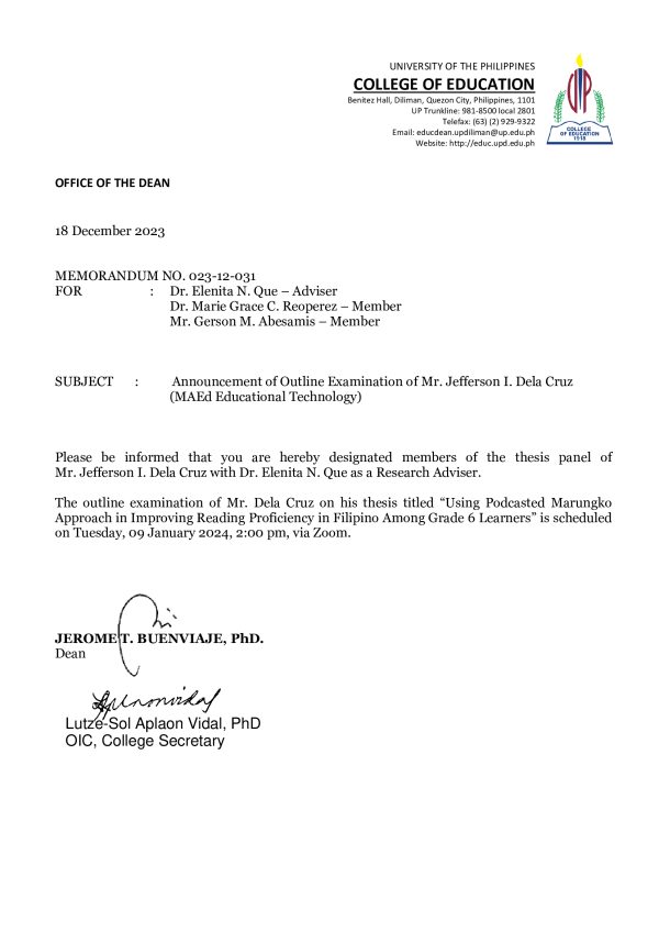 Announcement of Outline Examination of Mr. Jefferson I. Dela Cruz (MAEd ...