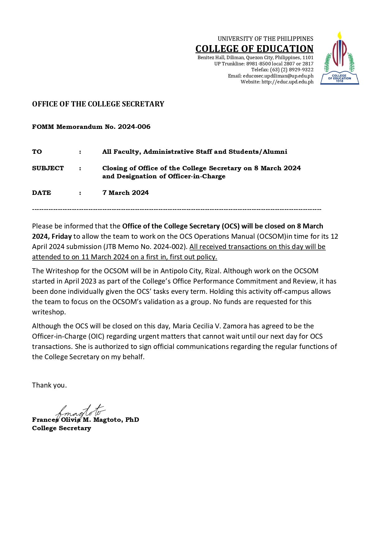 Advisory: Closing of Office of the College Secretary on 8 March 2024 ...