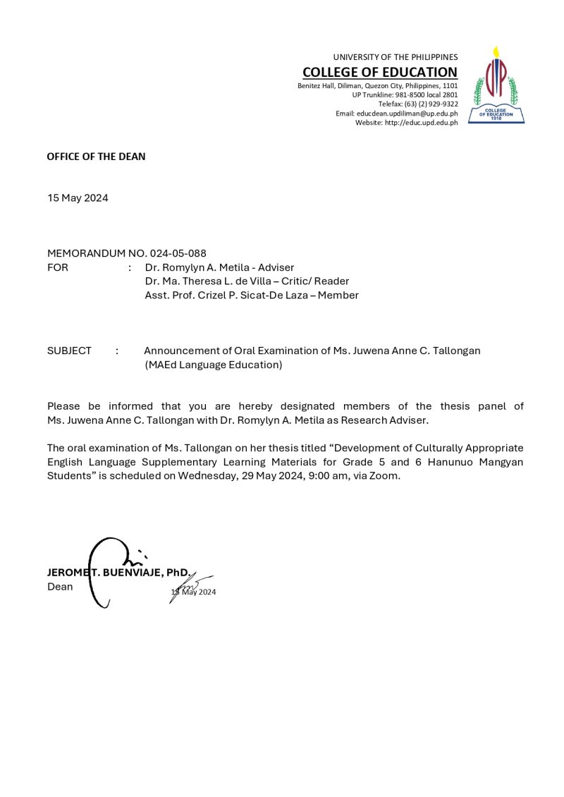 Announcement of Oral Examination of Ms. Juwena Anne C. Tallongan (MAEd ...