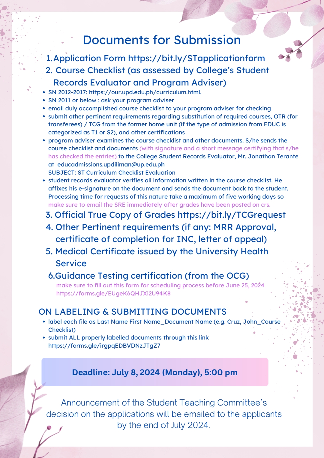Application for Student Teaching, Undergraduate Program, 1st semester ...