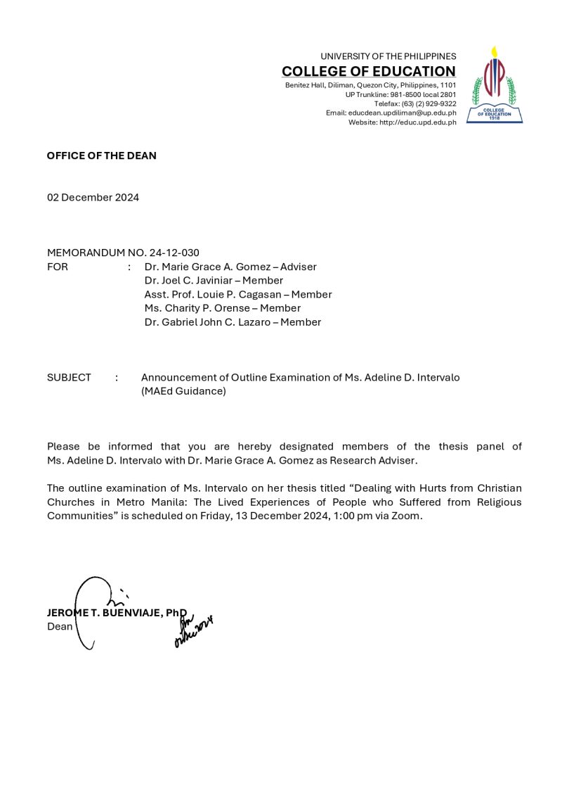 Announcement of Outline Examination of Ms. Adeline D. Intervalo (MAEd ...