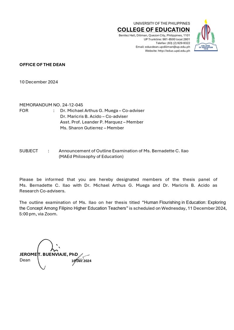 Announcement of Outline Examination of Ms. Bernadette C. llao (MAEd ...