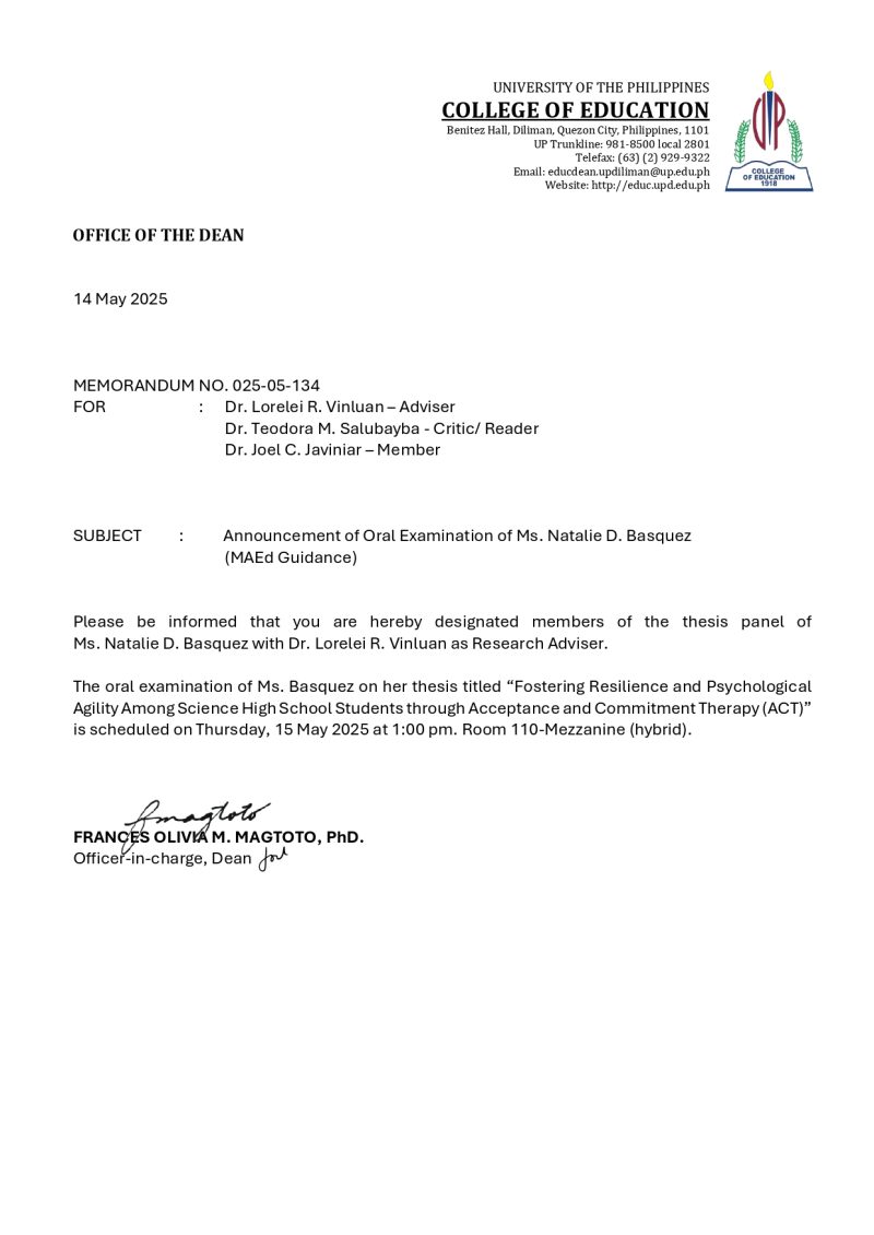 Announcement of Oral Examination of Ms. Natalie D. Basquez (MAEd ...