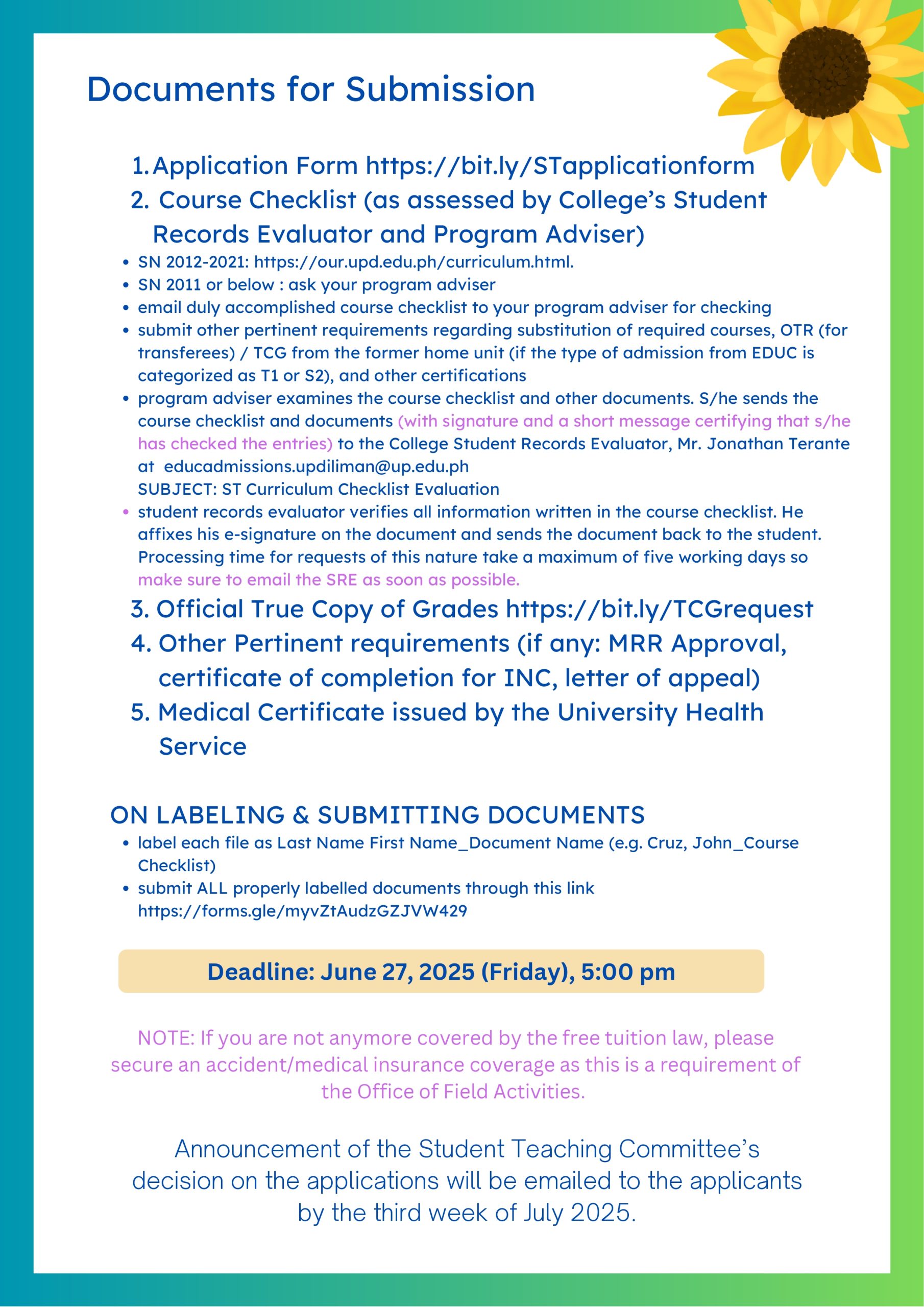 Student Teaching Application for First Semester, AY 2025-2026 – College of Education