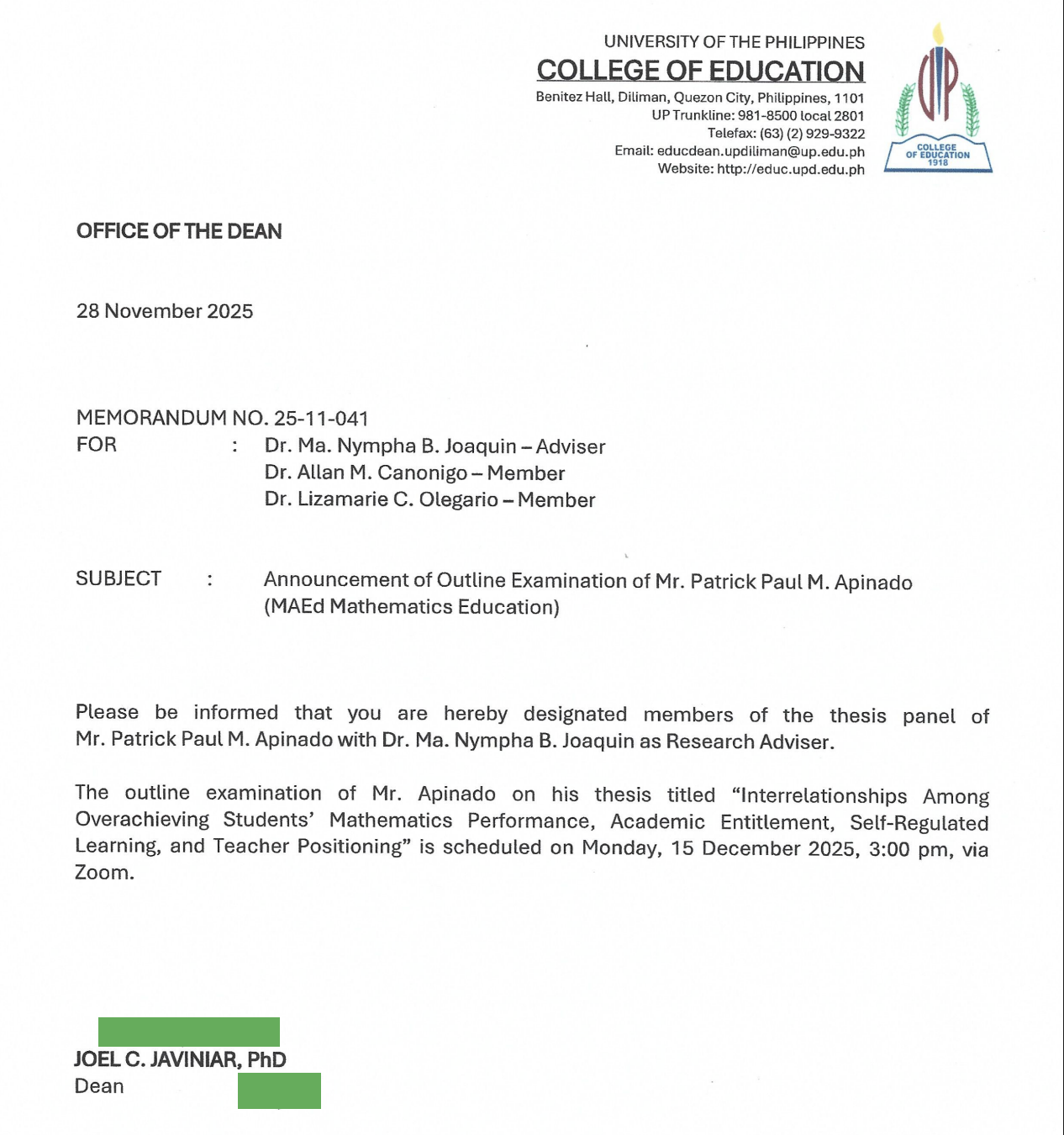 Announcement of Outline Examination of Mr. Patrick Paul M. Apinado ...