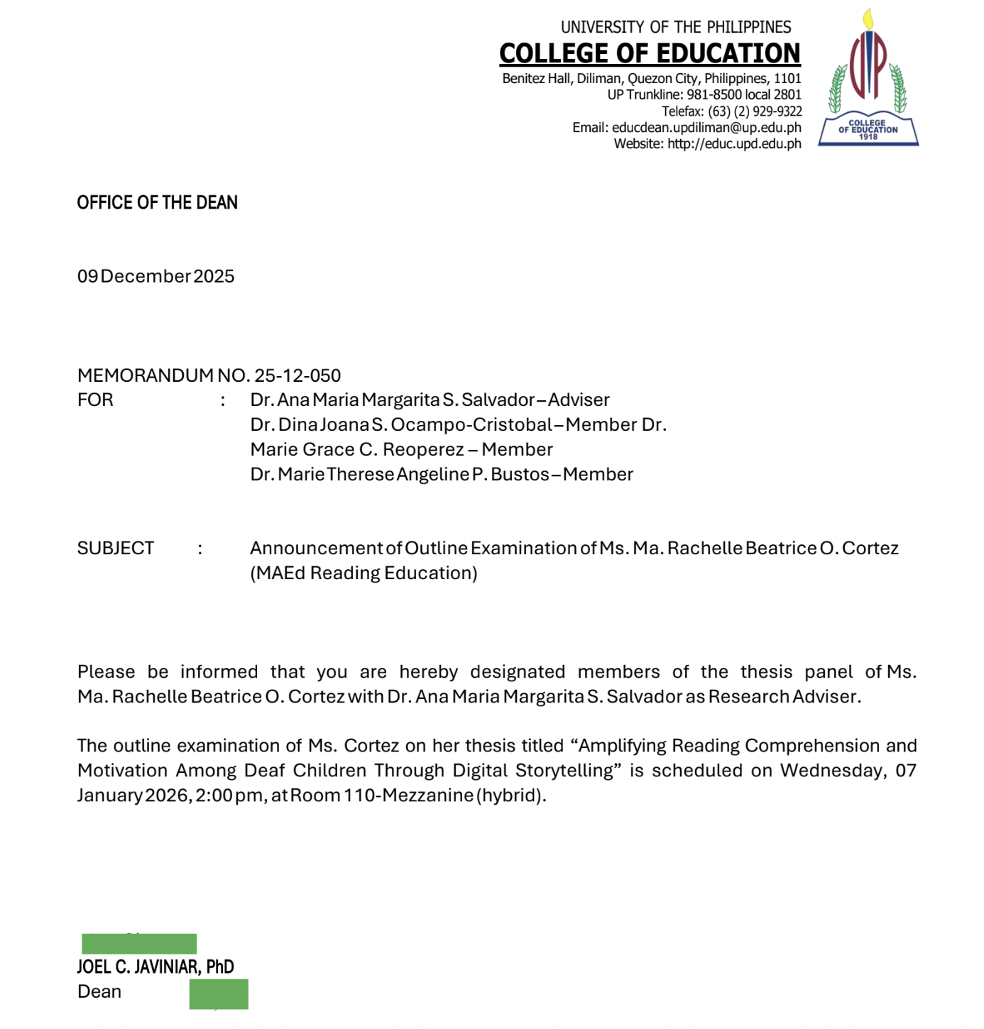 Announcement of Outline Examination of Ms. Ma. Rachelle Beatrice O ...