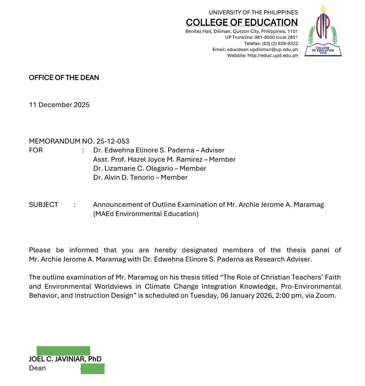 Announcement of Outline Examination of Mr. Archie Jerome A. Maramag ...
